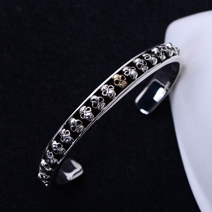 Mens Sterling Silver Skulls Cuff Bracelet - VVV Jewelry