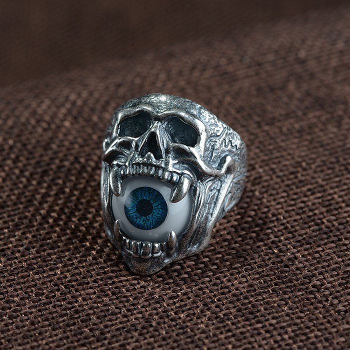 Mens Sterling Silver Skull Eyeball Ring - VVV Jewelry