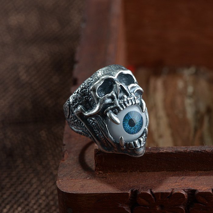 Mens Sterling Silver Skull Eyeball Ring - VVV Jewelry