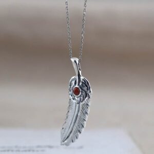 Sterling Silver Feather Necklace With Red Agate - VVV Jewelry