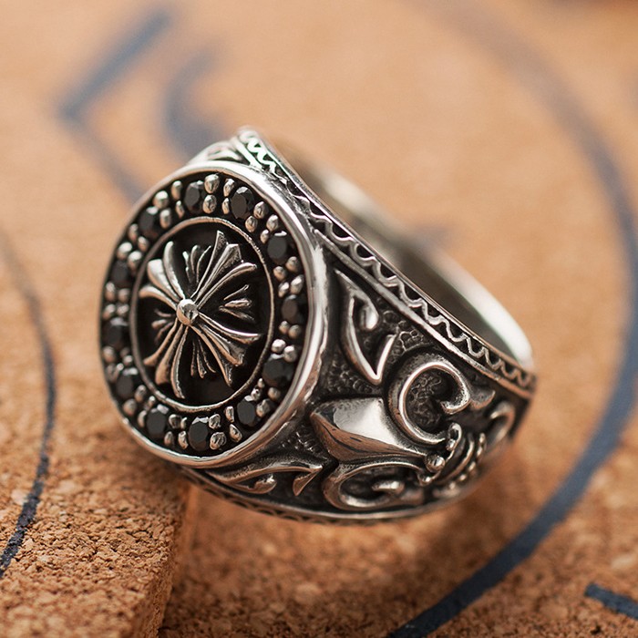 Mens Sterling Silver Artificial Obsidian Cross Ring - VVV Jewelry