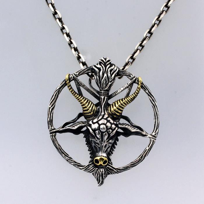 Mens Sterling Silver Satan Baphomet Pendant Necklace - VVV Jewelry