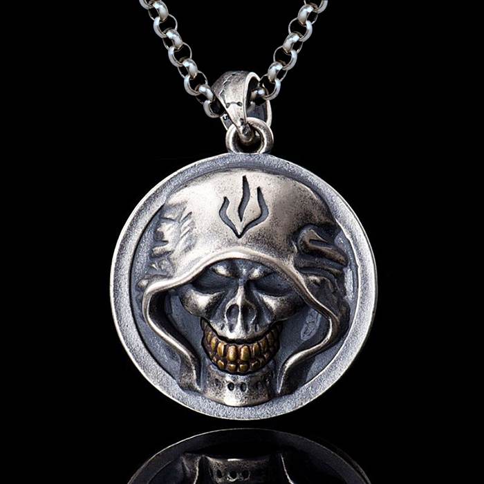 Sterling Silver Grim Reaper Skull Disc Pendant Necklace - VVV Jewelry