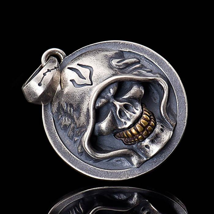 Sterling Silver Grim Reaper Skull Disc Pendant Necklace - VVV Jewelry