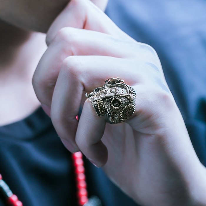 Mens Sterling Silver Two Face Devil Skull Ring - VVV Jewelry