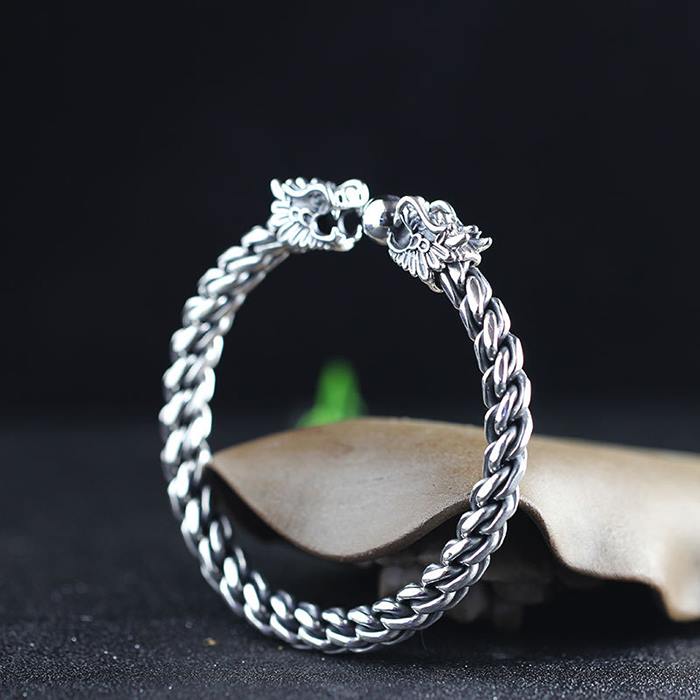Sterling Silver Double Dragon Head Cable Cuff Bracelet - VVV Jewelry