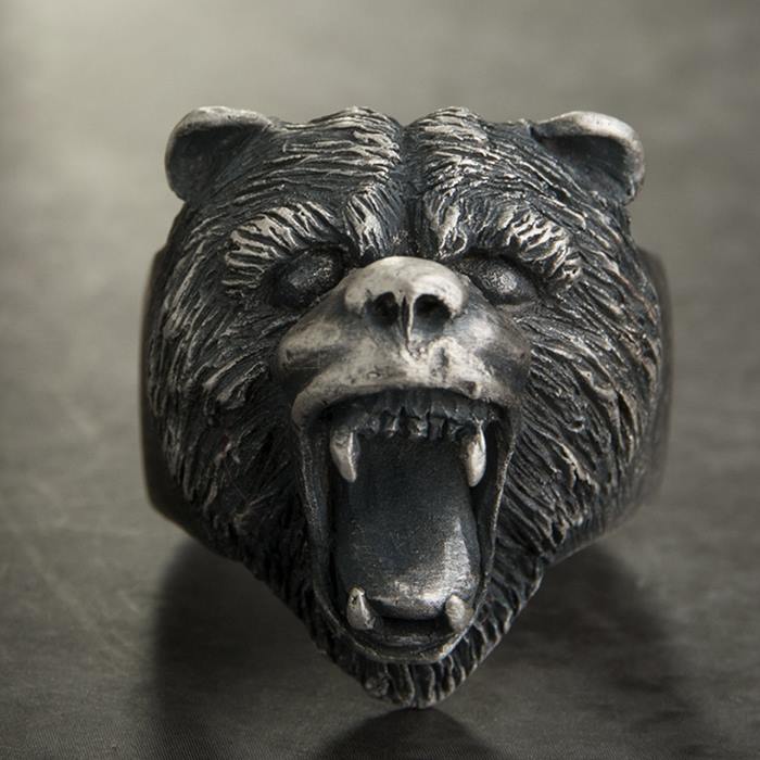 Mens Fine Silver Roaring Bear Ring - VVV Jewelry