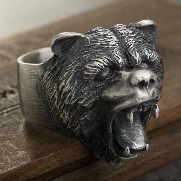 Mens Fine Silver Roaring Bear Ring - VVV Jewelry