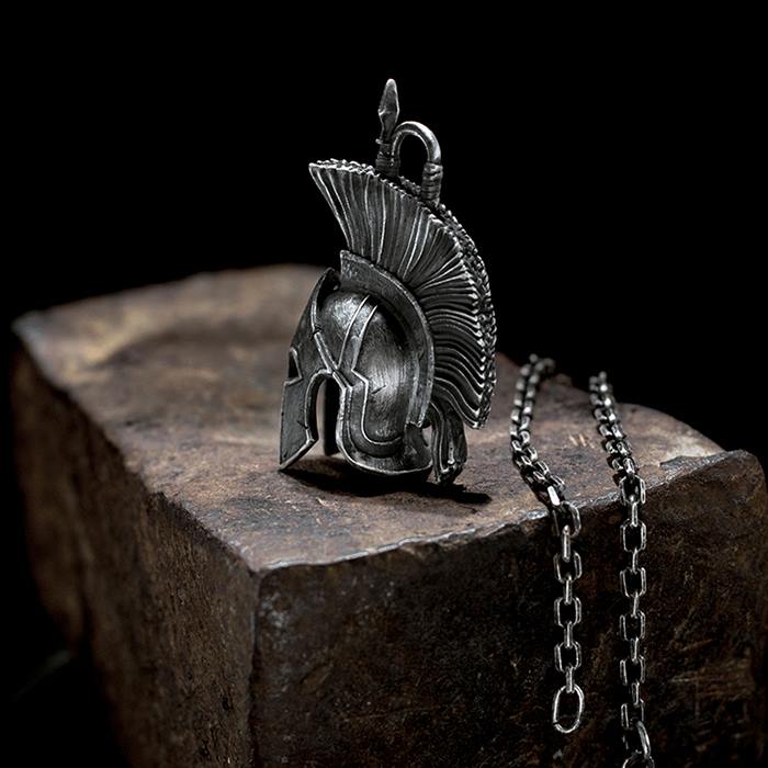 Mens Handmade Spartan Helmet Pendant Necklace - VVV Jewelry
