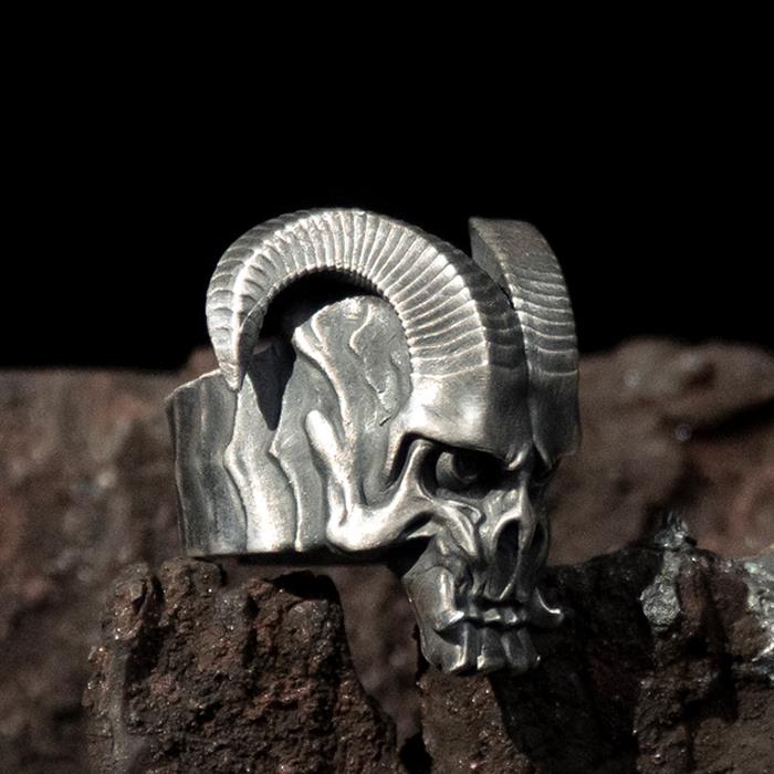 Fine Silver Satan Goat Skull Ring - VVV Jewelry