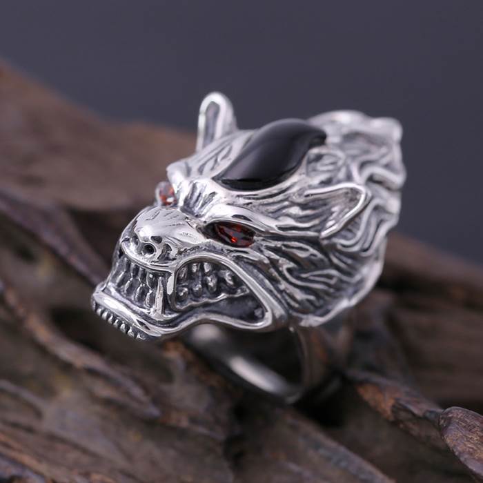 Men's Sterling Silver Onyx Wolf Head Ring - VVV Jewelry