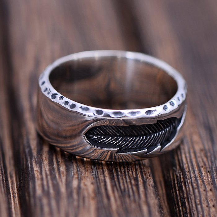 Men's Sterling Silver Feather Band Ring - VVV Jewelry