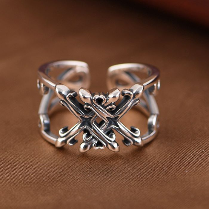 Sterling Silver Antique Fleur De Lis Cross Ring - VVV Jewelry