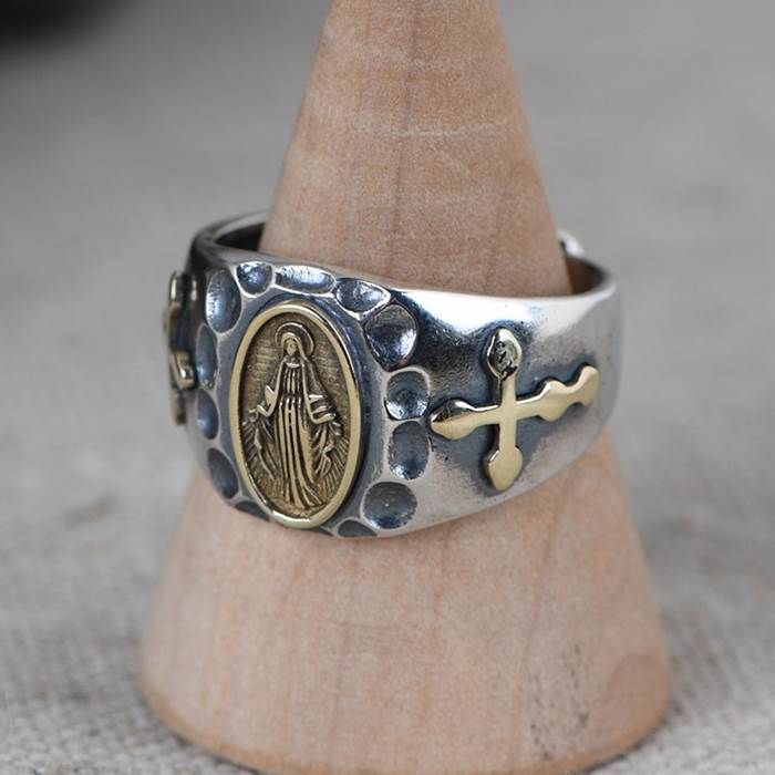 Women's Silver Virgin Mary Cross Ring - VVV Jewelry
