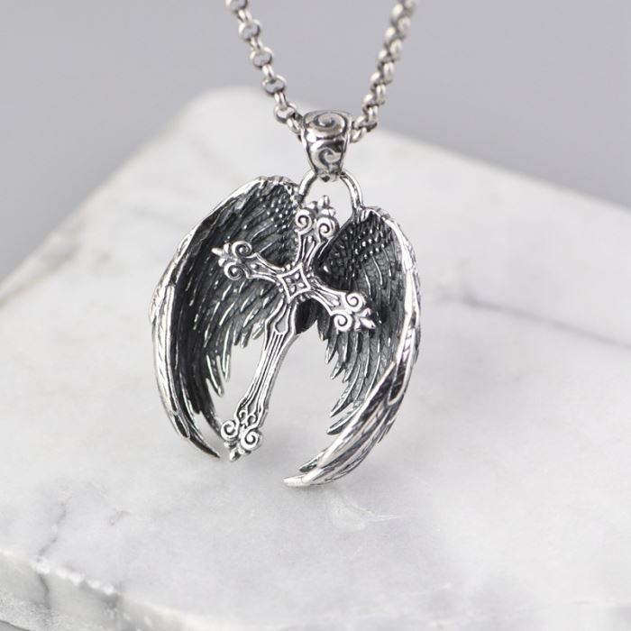 Feather Wings Cross Pendant Necklace - VVV Jewelry